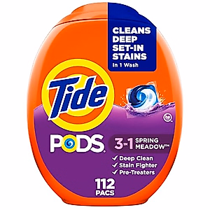 Tide PODS laundry detergent pacs, 3-in-1 Stain Remover, Odor Fighter, Color Protector, 112 Count, HE compatible, Spring Meadow Scent