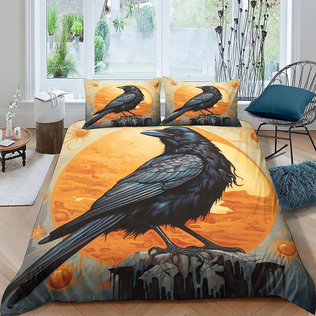 EVMILA Gothic Crow Duvet Cover Quilt Cover 3D Print Birds Comforter Covers for Boys Girls Bedding Set with Zipper Closure with Pillow Cases Soft Microfiber 3 Pieces Twin（173x218cm）
