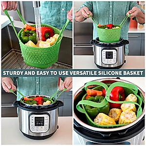 Silicone Steamer Basket For 6QT Instant Pot, Ninja Foodi, Other Pressure Cookers [3qt & 8qt avail] - Multiuse Silicone Strainer Steam Basket - Vegetable Steamer Basket for Pot & Pressure Cooker, Green