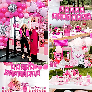 Hot Pink Girl Birthday Party Decorations, Pink Disco Ball Bow Princess Balloon Arch, Pink Happy Birthday Banner, Hanging Swirls, Cake Toppers for Princess Birthday Baby Shower Bachelorette Party Decor
