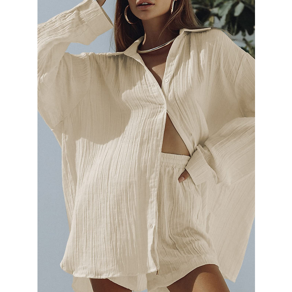 Linsery Women Two Piece Outfits Short and Button Up Shirt Set Lounge Sets Apricot Small