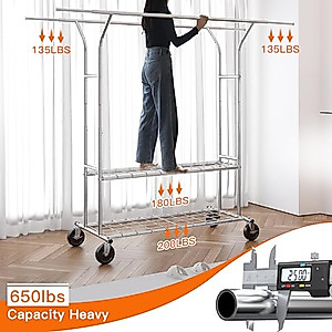 Raybee Clothing Rack Heavy Duty Clothes Rack Load 650Lbs Clothing Racks for Hanging Clothes Rolling Clothes Rack Metal Clothing Rack Heavy Duty Garment Rack Portable Clothes Rack with Wheels