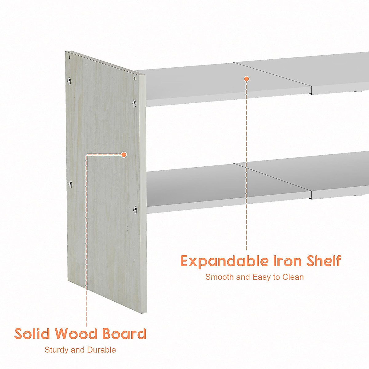 2-Tier Small Shoe Rack Organizer for Closet, Expandable and Adjustable White Shoe Rack, Stackable Iron Wood Combination Shoe Shelves for Closets, Entryway, Small Space, Hallway, Garage