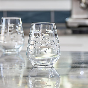 Rolf Glass | School of Fish Stemless Tumbler | 18oz Stemless Wine Glasses | Lead-Free Glass | Engraved and polished in Pennsylvania | US made (Set of 2)