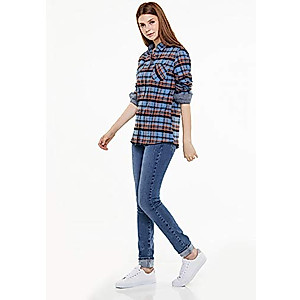 CQR Women's Plaid Flannel Shirt Long Sleeve, All-Cotton Soft Brushed Casual Button Down Shirts, Flannel Plaid Shirts Aqua Coral, Medium