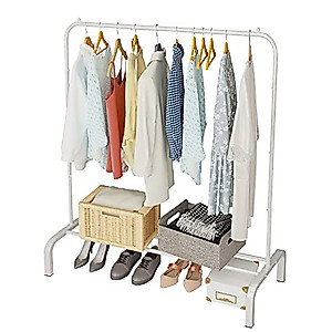 JIUYOTREE Metal Clothing Rack, 43.3 Inches Clothes Garment Coat Rack with Bottom Shelf for Hanging Skirts, Shirts, Sweaters, White