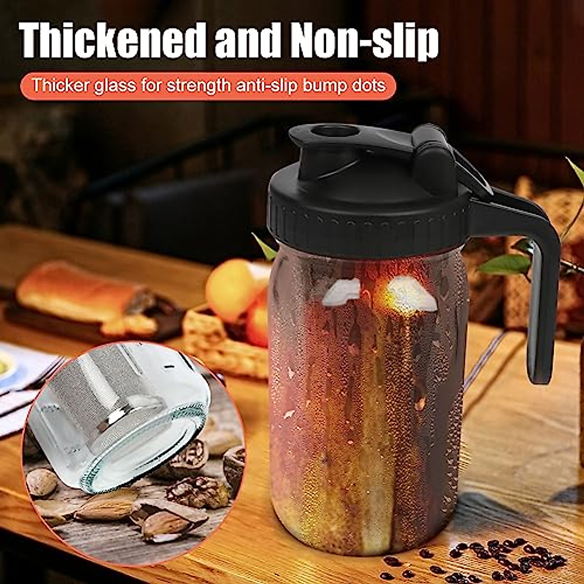 UYANGG Cold Brew Mason Jar Coffee Maker 32 OZ Wide Mouth Cold Brew Pitcher With Coffee Filter and Cleaning Brush For Coffee, Iced Tea, Sun Tea, Lemonade (black)