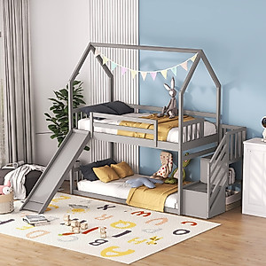 Bellemave House Bunk Beds with Stairs and Slide Low Twin Over Twin Solid Wood Floor Bunk Bed for Kids Girls Boys Teens, Gray