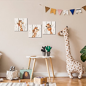 SiMiWOW Funny Giraffe Wall Art Giraffe Painting Kids Children Bedroom Living Room Nursery Wall Decor Framed Ready to Hang 12"x12"x3 Pieces