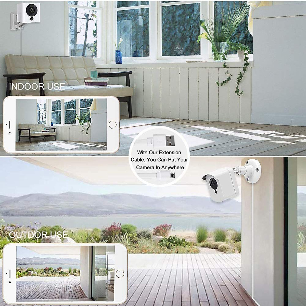 Smays 4-Pack 25 ft Extension Cable for WYZE Cam v4, WYZE Cam v3 and v3 Pro Camera, Long Flat Micro USB Cord, White