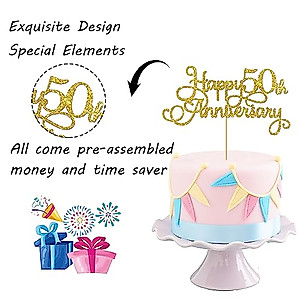 Gold Glitter Happy 50th Anniversary Cake Topper - for 50th Wedding Anniversary / 50th Birthday Party Cake Decorations Supplies, Cheers to 50 Years Sign