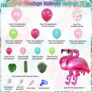 142Pcs Tropical Flamingo Balloons Garland Arch Kit, 40" Flamingo Balloons Hot Pink Green Confetti Balloons Palm Leaves for Hawaii Luau Aloha Flamingo Birthday Party Baby Shower Wedding Decorations