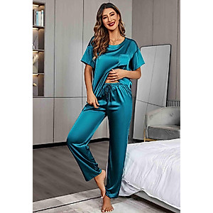 Ekouaer Womens Silk Satin Pajamas Set Two Piece Pj Sets Sleepwear Loungewear Short Sleeve Pj Sets Green