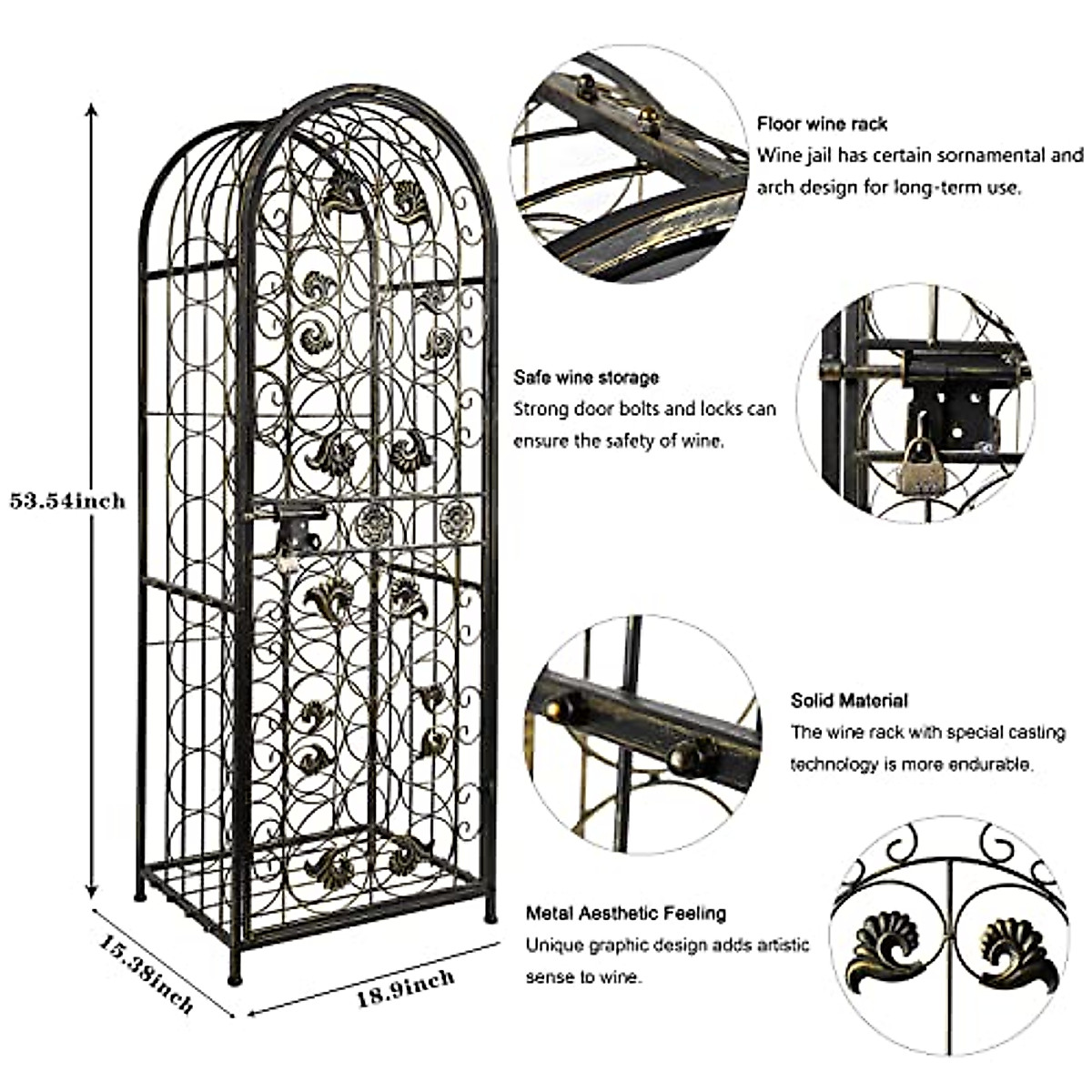 OOir onOO Wine Rack Freestanding Floor Wrought Iron Wine Rack Jail 45 Bottles Wine Holder 53 Inch Large Hand Made European Style Wine Rack - Bronze