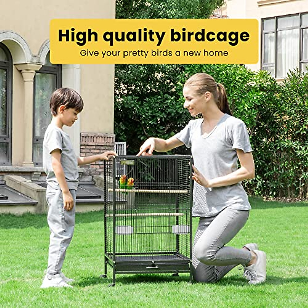 VIVOHOME 30 Inch Height Wrought Iron Bird Cage with Rolling Stand for Parrots Conure Lovebird Cockatiel Black