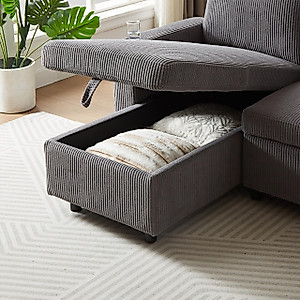 FANYE L-Shaped 3-Seaters Reversible Sleeper Sectional Convertible Sofabed Comfortable Corduroy Upholstered Corner Sofa with Pull Out Sleep Couch Bed and Cupholders for Compact Space Living Room