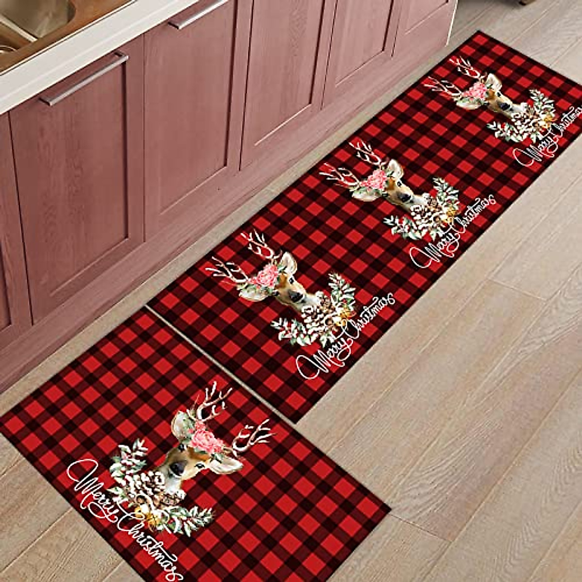 Miaklek Merry Christmas Kitchen Mats for Floor Anti Fatigue Mats for Kitchen Floor Kitchen Rugs Cushioned Mats Non Slip Comfort Standing Kitchen Rugs Set of 2, Xmas Elk Holiday Red Black Check