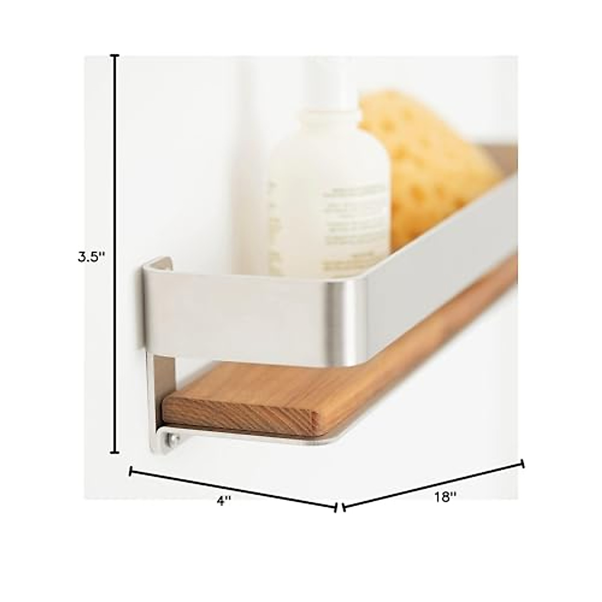 Seachrome Rectangular Shower Shelf with Rail in a Satin Finish and Natural Teak Wood Insert