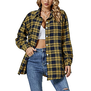 LYANER Women's Long Sleeve Plaid Collar Button Down Boyfriend Shirt Blouse Top Yellow and Blue Large