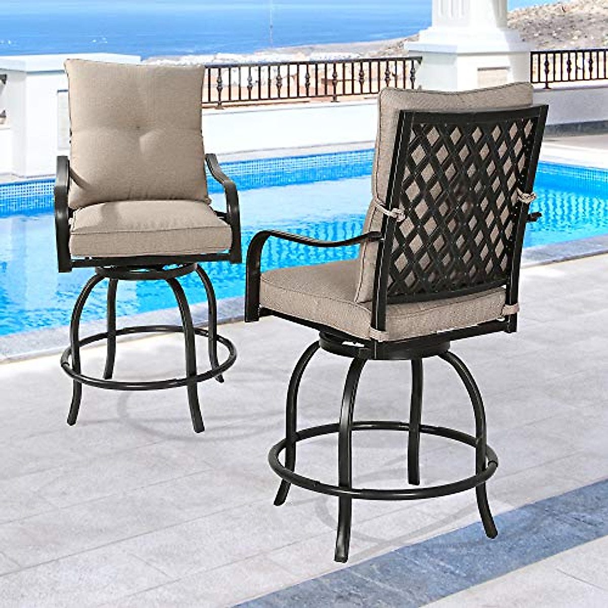 PATIO TREE Outdoor Counter Height Bar Stools, Patio Swivel Bar Chairs with Polyester Cushions, Set of 2
