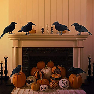Realistic Crow, 6 PCS Halloween Black Feathered Crow Decoys Ravens Outdoor Halloween Decorations Props Décor, Standing Flying Birds for Tree Haunted House Graveyard Tombstone Display