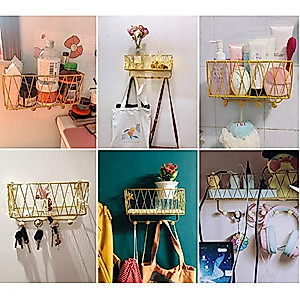 DoxiGlobal Wall Mount Mail Holder Entryway Storage Organizer with Shelf Wood Key Hooks Metal Mail Sorter Coat Rack Wire Mesh Storage Basket for Magazines Keys Wallets Leashes Plant (Gold, S-4 Hooks)