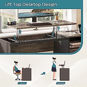 Bestier Lift Top Computer Desk with File Drawer, 60" Large Office Desk with Power Outlet USB Port Built in Writing Study Computer Table with Storage Workstation for Home Office Bedroom, Gray
