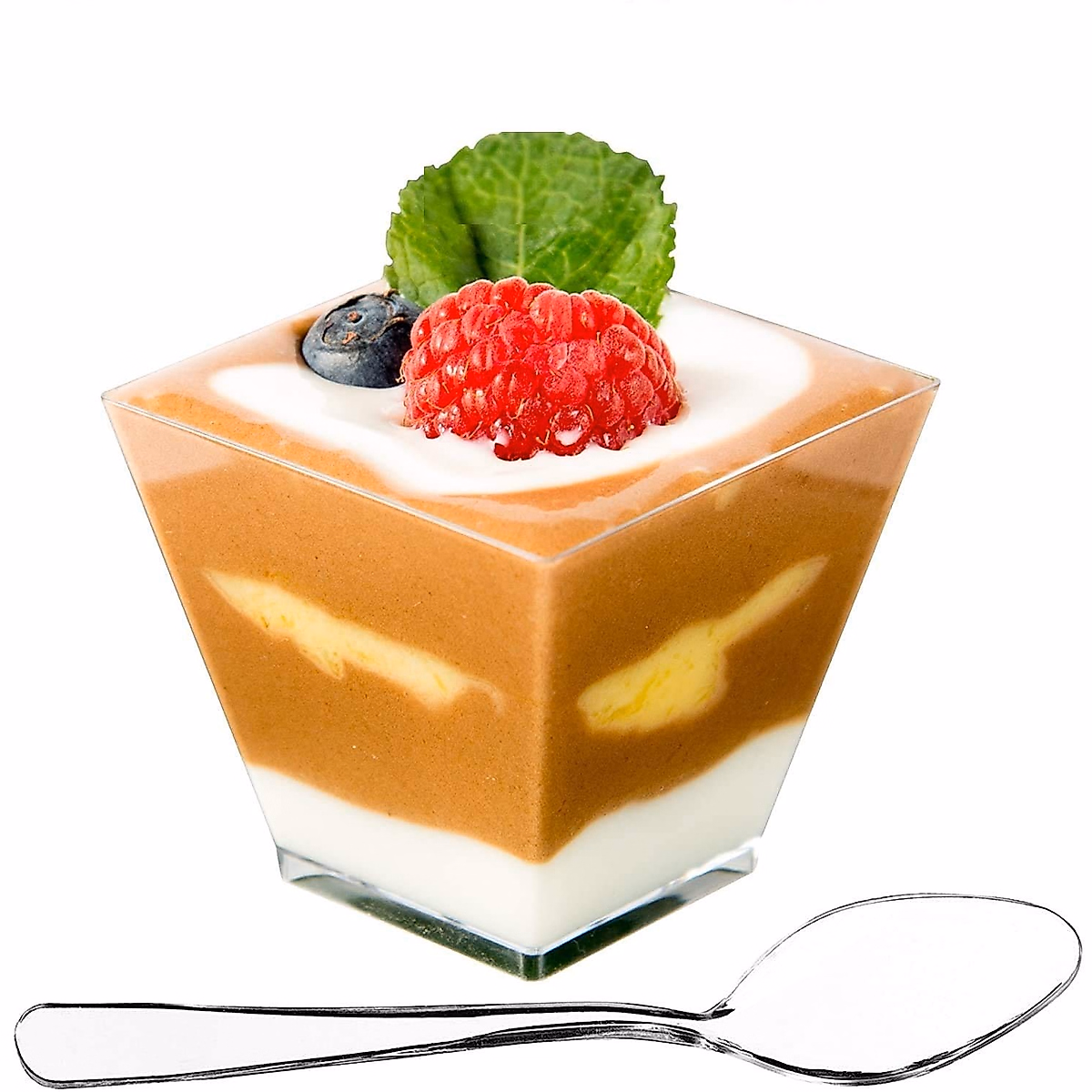 DLux 100 x 2 oz Mini Dessert Cups with Spoons, Square Short - Clear Plastic Parfait Appetizer Cup - Small Reusable Serving Bowl for Tasting Party Desserts Appetizers - With Recipe Ebook
