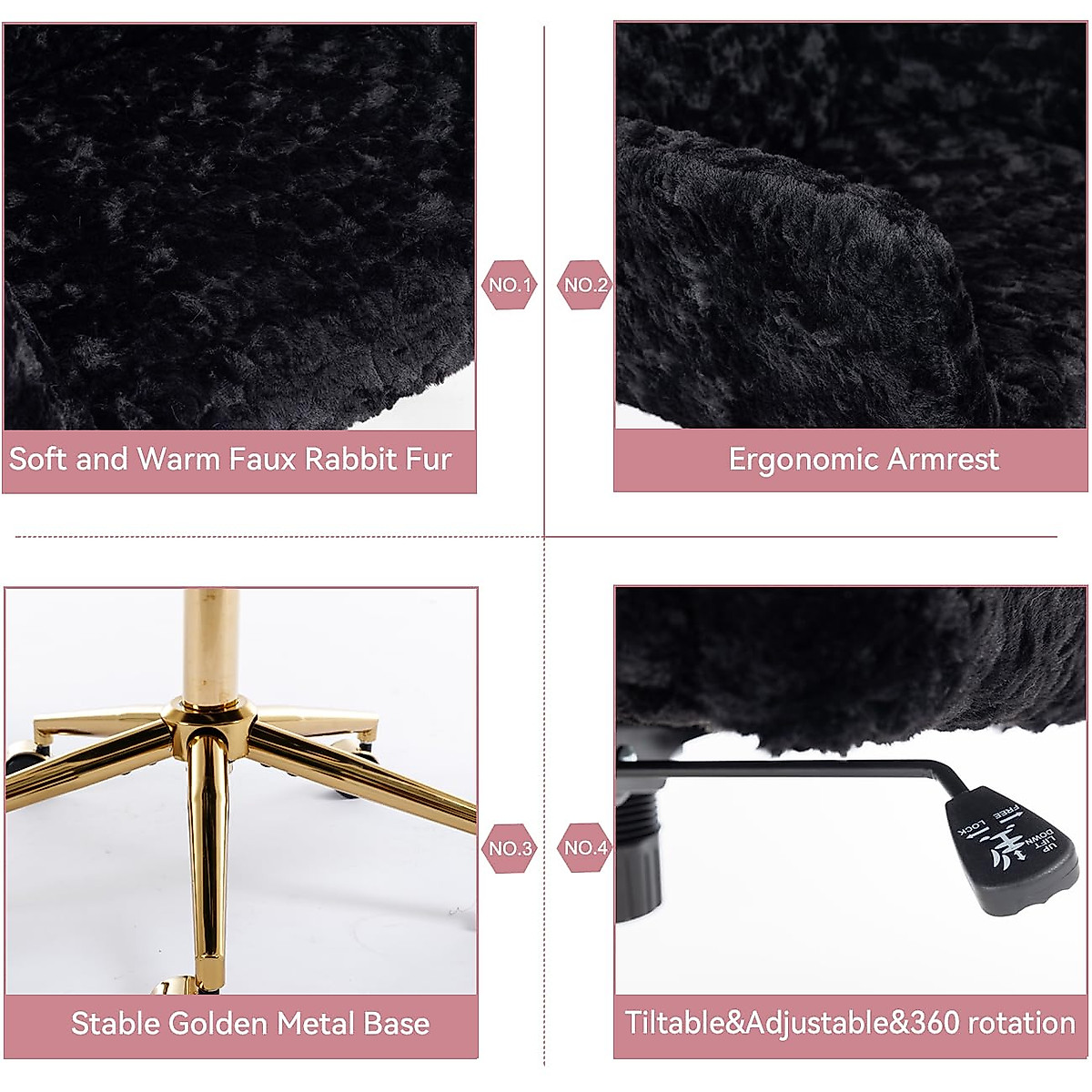 Faux Fur Desk chair Vanity Makeup Chair, Comfy Fluffy Swivel Home Office Chiar with Wheels, Height Adjustable Comfy Fluffy Desk Chair for Teens Girls Women, Easy Movable (Black-rabbit fur, Gold Base)