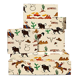 CENTRAL 23 Cowboy Wrapping Paper - 6 Sheets of Birthday Gift Wrap and Tags - For Kids - Wild West Desert - Cactus - Horse - Comes with Fun Stickers - Recyclable