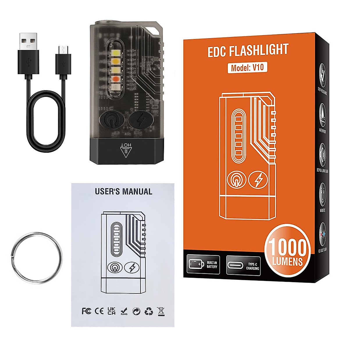 Hisim Mini Powerful Keychain Bright 1000 Lumens EDC Flashlight with 14 Lighting Modes, 365NM UV Light COB Side Light IPX4 Pocket Tail Magnet Buzzer Alarm Rechargeable Flashlight Black