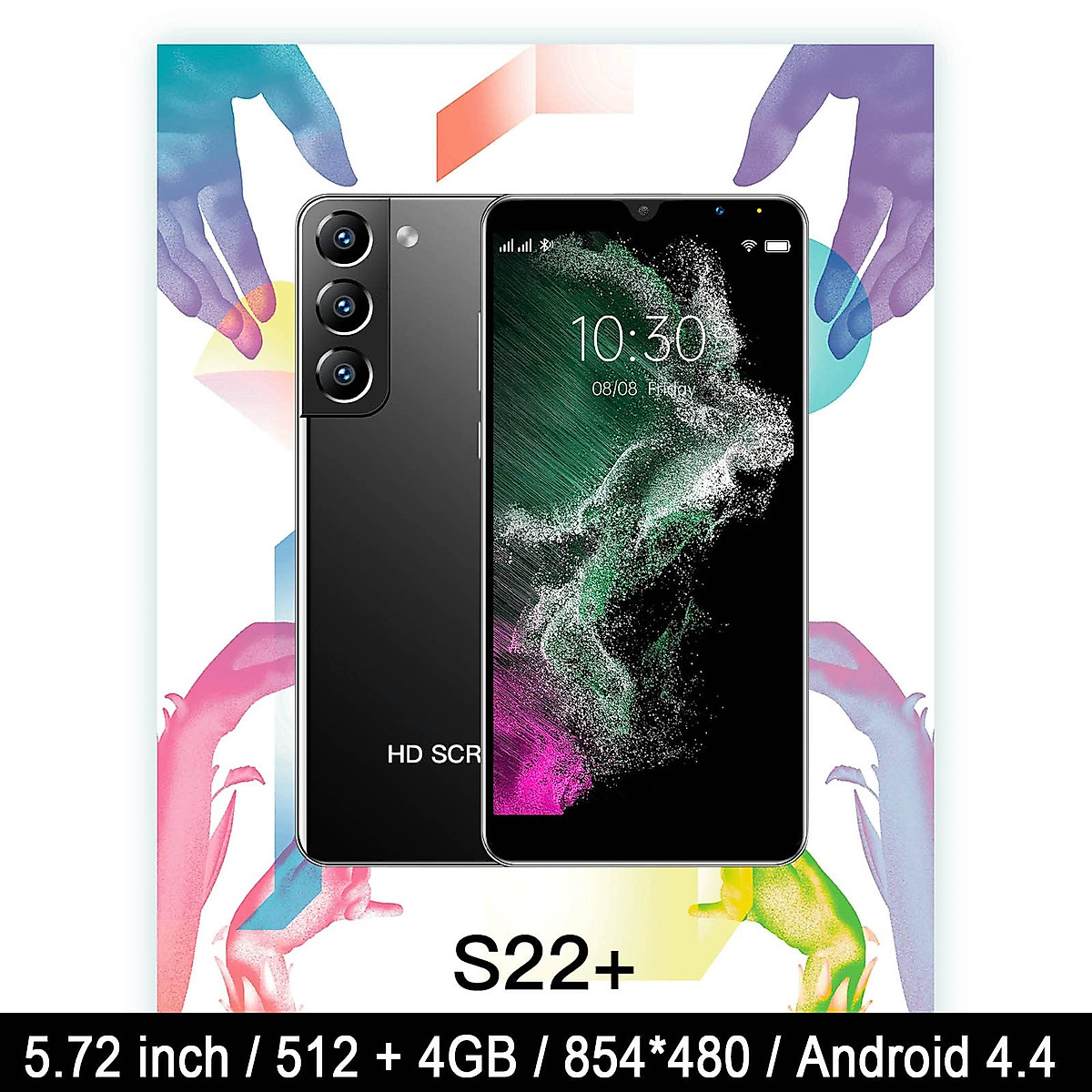 2023 Smartphone, Android Telephone S22+ 3G Smartphone Deca Core 512MB ROM 4GB RAM Mobile Phone US PLug with Earphone, Holiday Gift for Family (BLACK)