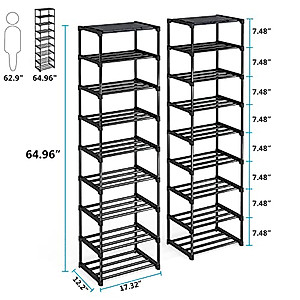 Tribesigns Shoe Rack, 9 Tiers Tall Shoe Rack for Entryway 18 Pairs Shoes and Boots Storage Shelf, Stackable and Narrow Vertical Shoe Organizer for Closet, (Black, 17.32"x 12.2"x64.96")