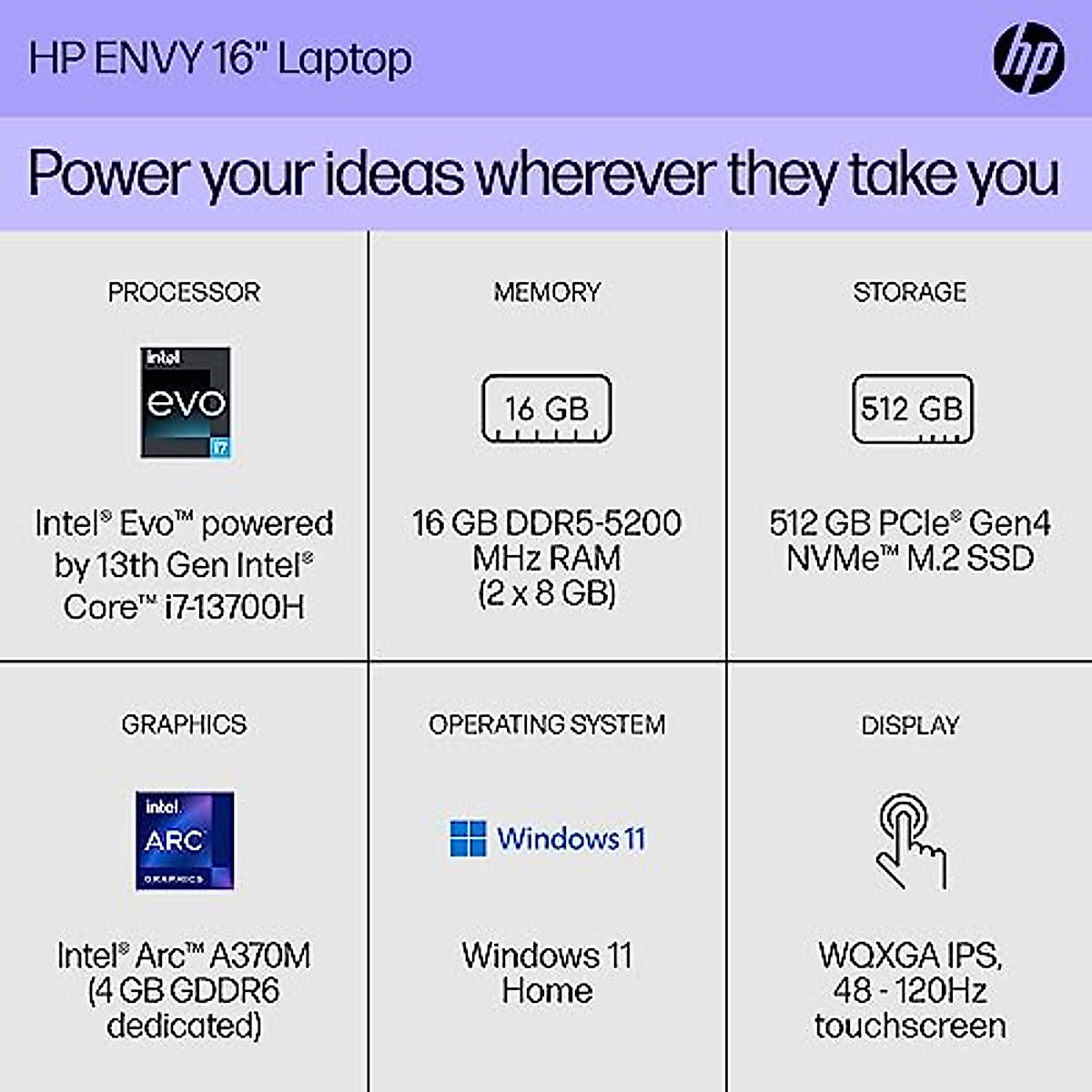 HP Envy 16 inch Laptop, WQXGA 48-120Hz Display, Intel Evo Powered by 13th Generation Intel Core i7-13700H, 16 GB RAM, 512 GB SSD, Intel Arc A370M Graphics, Windows 11 Home, 16-h1010nr (2023), Silver