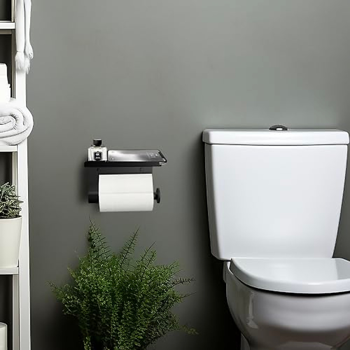 Toilet Paper Holder with Shelf with Shelf, Short Paper Towel Holder Wall Mount 12" Self Adhesive Toilet Paper Roll Holder with Phone Shelf for Bathroom Toilet Accessories
