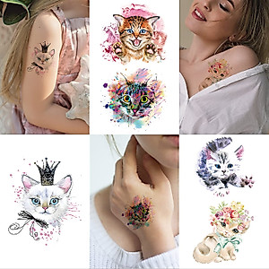 Father.son 12 Sheets Watercolor Cat Temporary Tattoos for Girls Kids, Cute Kitty Waterproof Fake Tattoos Body Art Sticker, Animal Birthday Supplies, Pet Lover Party Favors, Meow Arts and Crafts