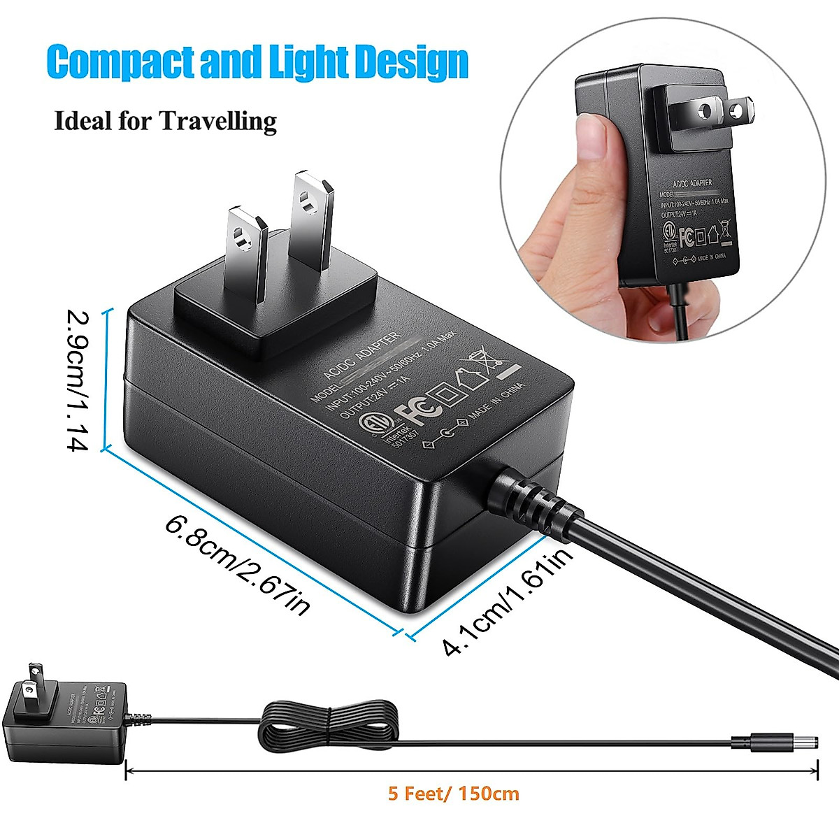 SoulBay 24V 1A Power Supply Adapter w/ 8 Tips for CCTV WiFi Camera Router LED Strip Light, AC 100-240V to DC 24 Volt Plug in Transformer Cord with ETL Certificate, 5 FT