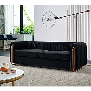 Melpomene Vertical Channel Tufted Velvet Sofa with Round Arm and Gold Metal Legs,Armrest 84.25" W（Black）