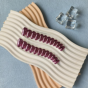 Chrome Dark Red Press on Nails Almond Shaped Nails Press ons, Medium Fake Nails Short Almond Acrylic Nails Glue on Nails Medium False Nails for Women Thick Natural Gel Stiletto Almond Nails 24Pcs