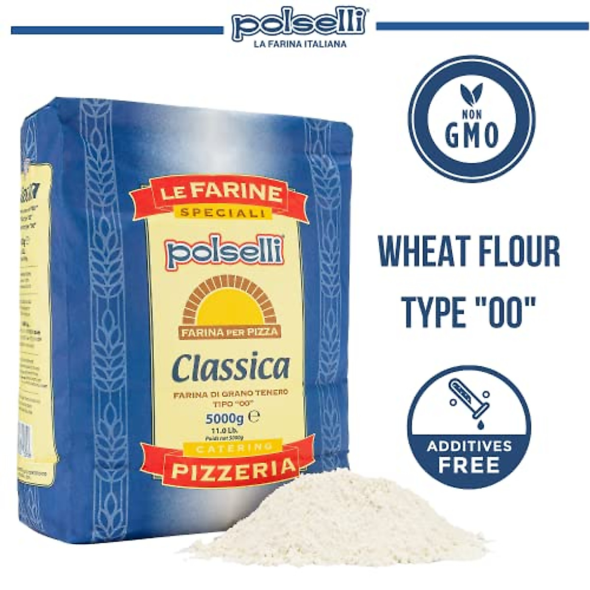 Classica, Tipo "00" Double Zero Flour Extra Fine, 11 lbs (5 kg), Neapolitan Italian Pizza, Bread, Pasta, and more, All Natural, Unbleached, Unbromated, No Additives, Polselli