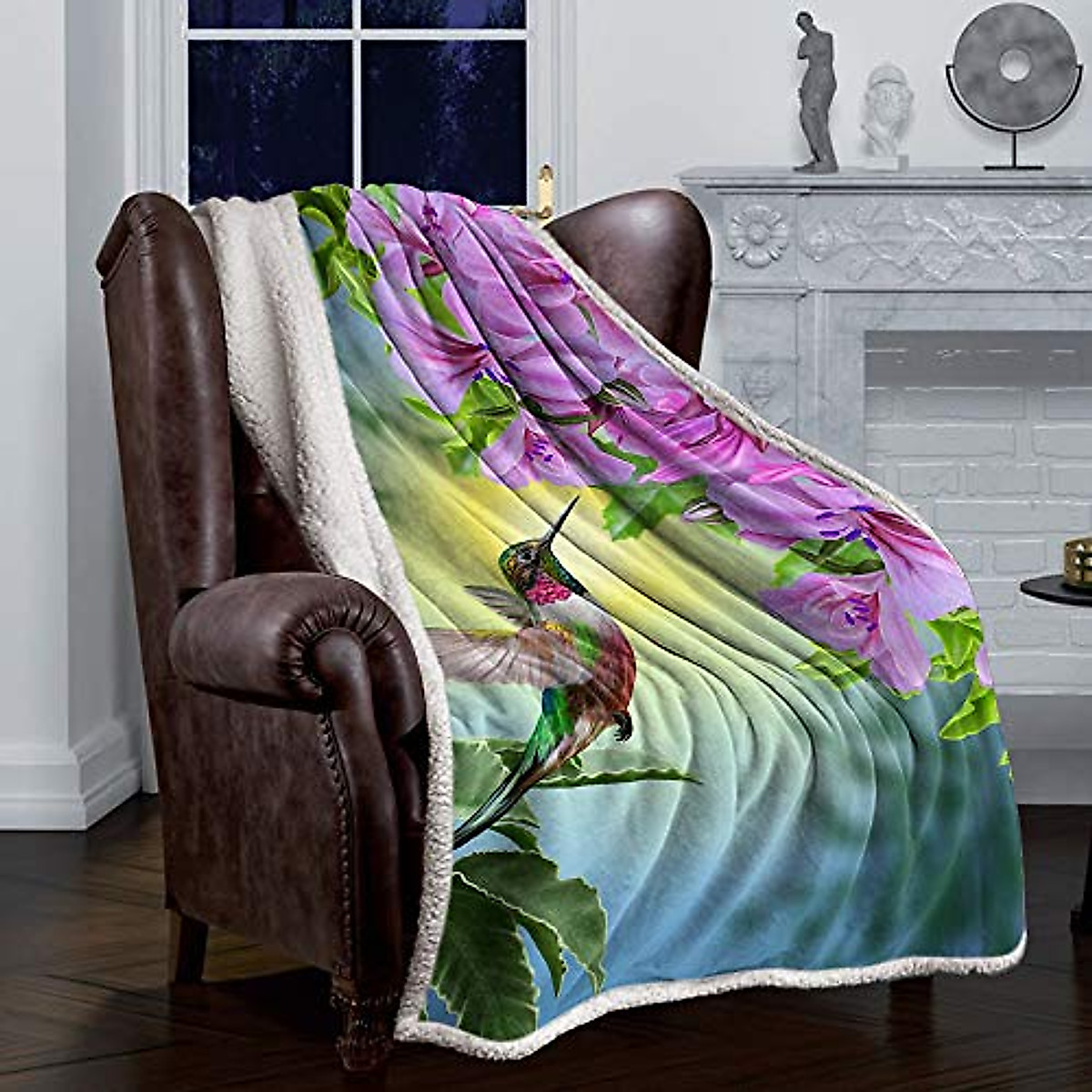 Comfort Her Zon Sherpa Fleece Throw Blanket 39 x 49 Inches Spring Hummingbird Bird Flower Fuzzy Soft Flannel Blanket Reversible Ultra Luxurious Plush Blanket for Bed Couch Sofa- Pink Floral Animal