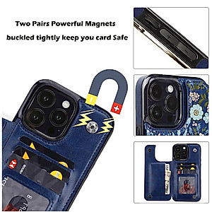 uCOLOR Compatible with iPhone 15 Pro Max 6.7" Wallet Case with Card Holder Slot Folio Flip Leather Kickstand Magnetic Clasp RFID Blocking Design Cover 15PM 6.7 Inch (Navy Blue Flowers)