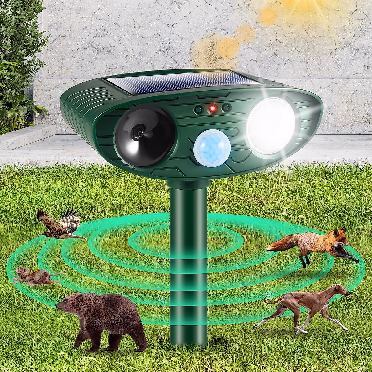 Jahy2Tech Solar Animal Repellent Ultrasonic Cat Repellent Outdoor Deer Repellent with Motion Sensor & Strobe Light Animal Deterrent Repel Dog Squirrel Rabbit Raccoon Skunk Coyote Out of Yard(Green)