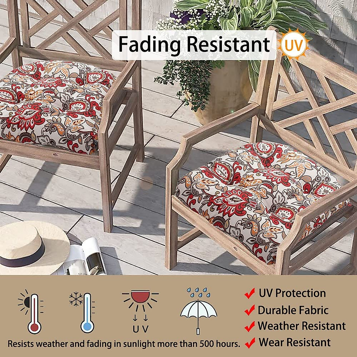 Magpie Fabrics Outdoor/Indoor Tufted Seat Cushion with Ties Set of 2, 19"x19" Waterproof Patio Chair Pads Tatami Floor Pillow for Room Garden Balcony Office Decor(Botanical Red)