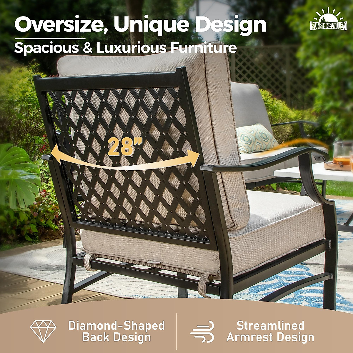 SUNSHINE VALLEY Patio Furniture Set, Modern Metal Outdoor Patio Furniture, 3 Seater Sofa, 2 Swivel Chairs, 2 Ottomans and 5.75" Extra Thick Cushion, Patio Conversation Set for Garden Backyard Deck