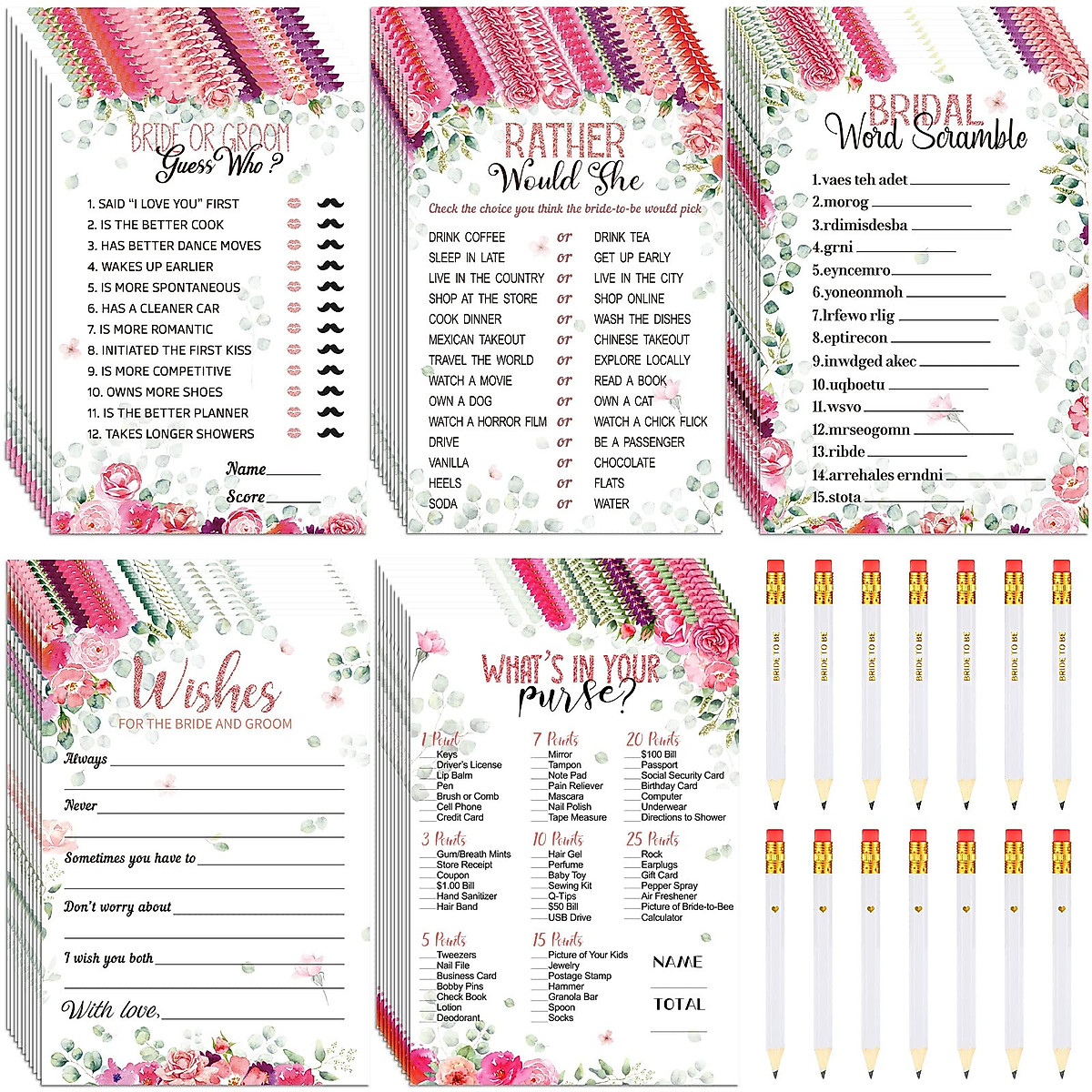 300 Pcs Bridal Shower Games Supplies Include 5 Sets 50 Wedding Games Cards and 50 Pencils, Bridal Shower Decorations Bridal Favors for Guests Bride Groom Bridal Wedding, 50 Guests (Fresh Style)