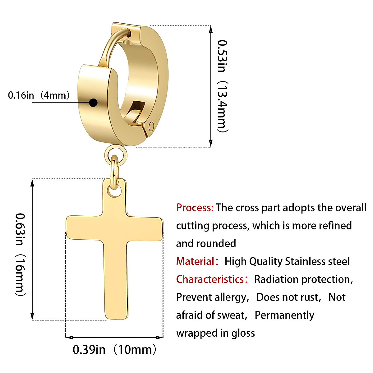 TXPFF 3 Pairs of Cross Earrings Dangle Hinged Men Earrings Stainless Steel Cross hoop Earrings for Men and Women,Silver,Gold,Black(small）