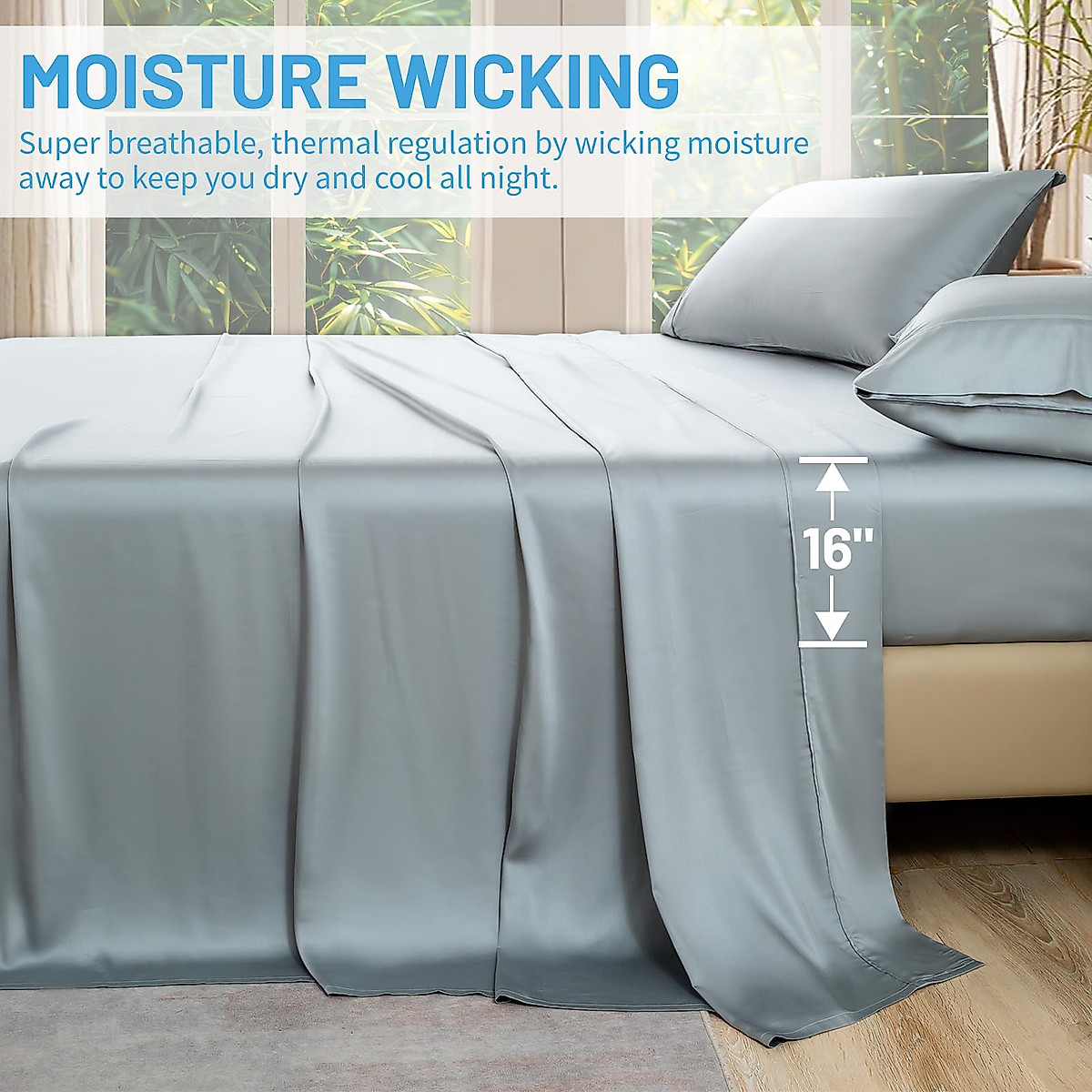 MEISHANG Bamboo Viscose Sheets King Size - 100% Organic Viscose,400TC Cooling Luxury Sheet Set with 16" Deep Pockets - 4 Pieces(Light Grey)