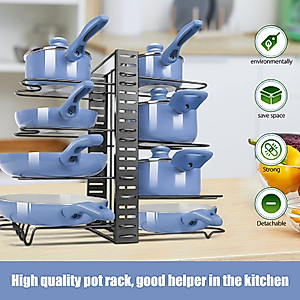Almcmy Pan Organizer Rack,Pot Rack with 3 DIY Methods,Adjustable Pots and Pans Organizer with 8 Tiers,Heavy Duty Pot Organizer for Kitchen Organization Storage,Send a Cleaning Cloth