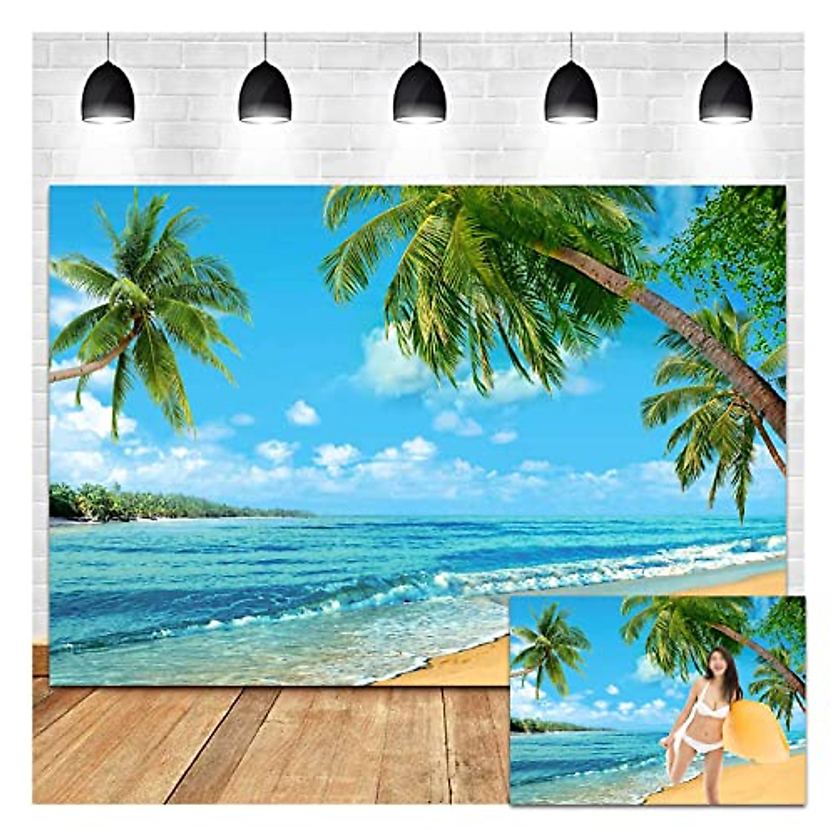 Summer Tropical Hawaii Palm Tree Or Beach Photography Backdrops 7X5FT Blue Sea Sky Sunshine Luau Party Photo Background Wedding Bride Shower Baby Birthday Party Banner Supplies Props Vinyl